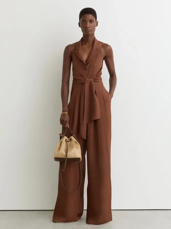 REISS Linen Blend Tie-front Wide-leg Jumpsuit - Rust Orange