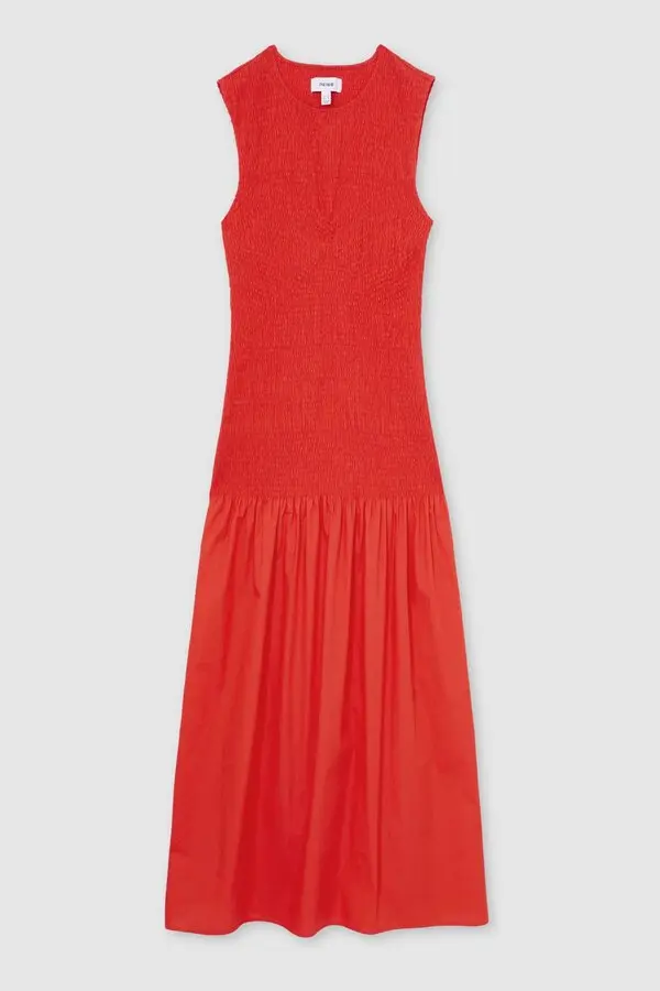 REISS Cotton Shir Midi Dress - Red