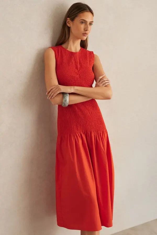 REISS Shirred Cotton Midi Dress - Red