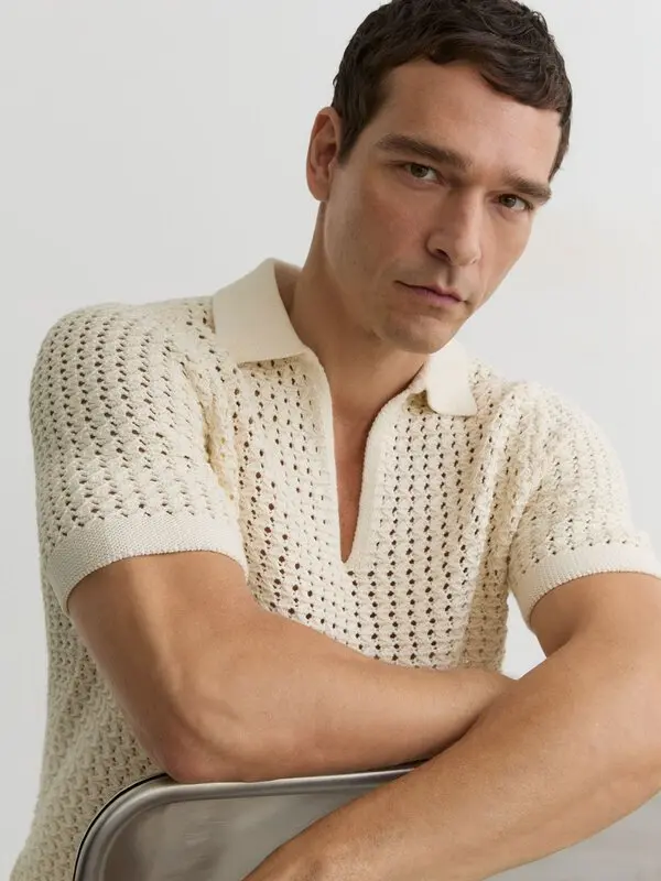 REISS Crochet Open-collar Polo Shirt