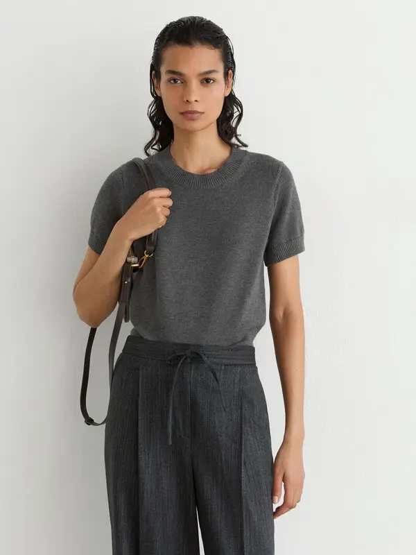 REISS Cotton And Wool Short-sleeve Knit Top - Grey