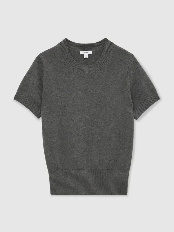 REISS Cotton And Wool Short-sleeve Knit Top - Grey