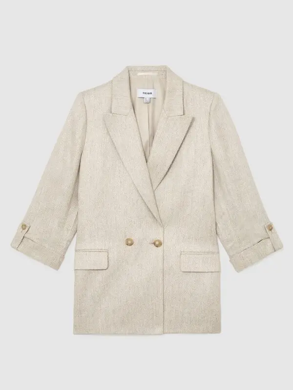 REISS Petite Linen-blend Textured Double-breasted Blazer
