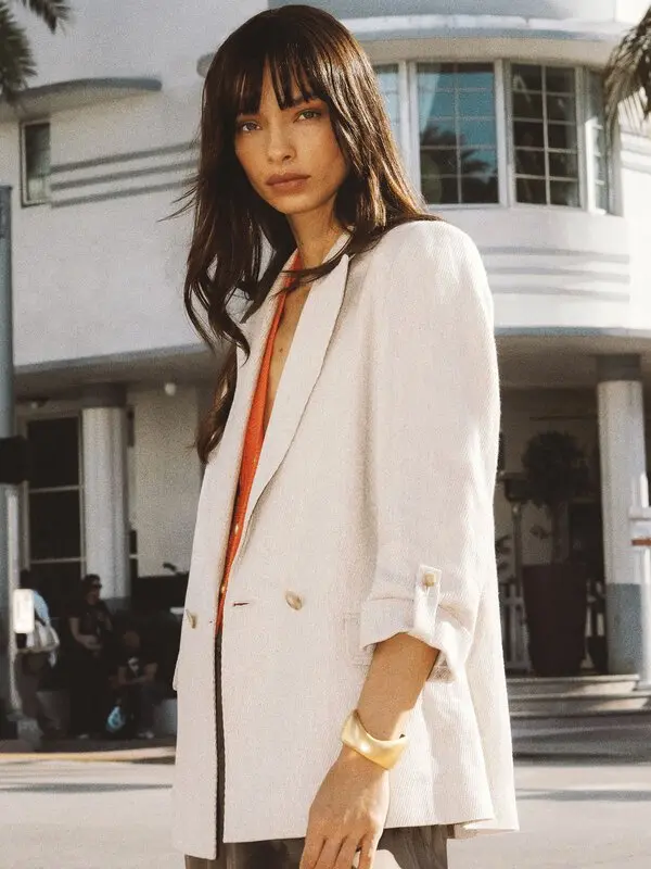 REISS Linen-blend Textured Double-breasted Blazer - Neutral