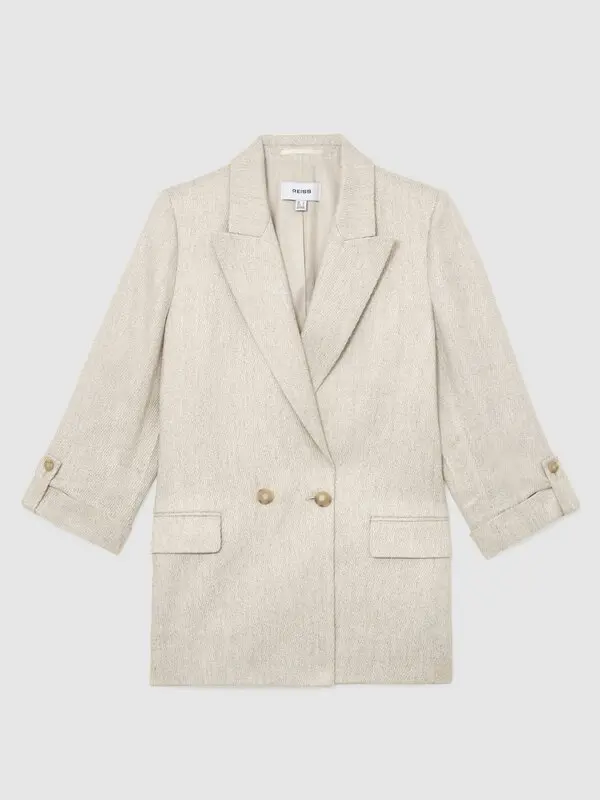 REISS Linen-blend Textured Double-breasted Blazer - Neutral