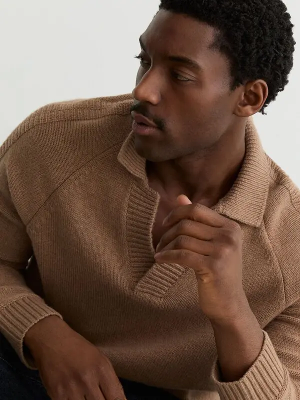 REISS Wool-blend Open-collar Jumper - Camel