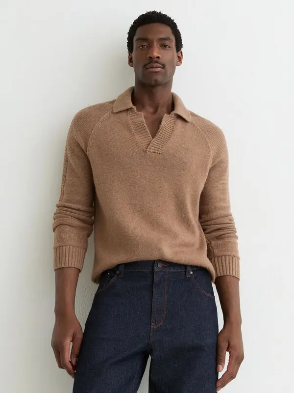 REISS Wool-blend Open-collar Jumper - Camel
