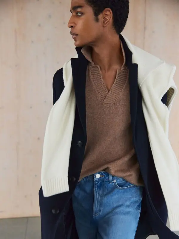 REISS Wool-blend Open-collar Jumper - Camel