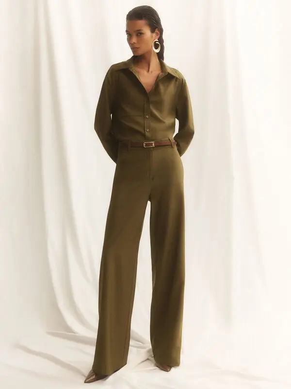 REISS Petite Wool-blend Wide-leg Trousers - Khaki