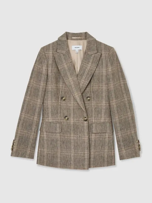 REISS Checked Linen Double-breasted Blazer