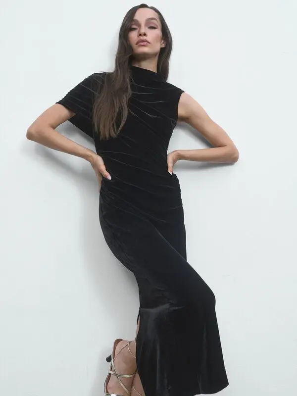 REISS Velvet Draped-neck Ruched Midi Dress