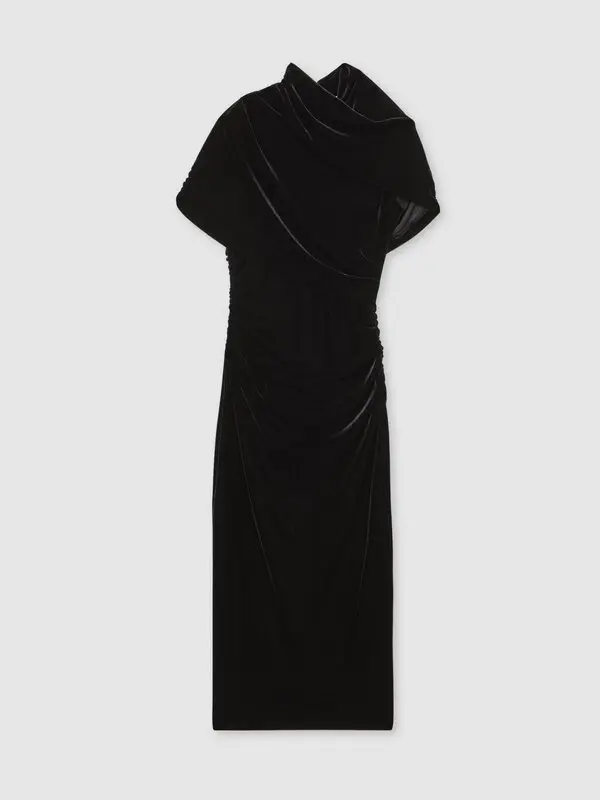 REISS Velvet Draped-neck Ruched Midi Dress