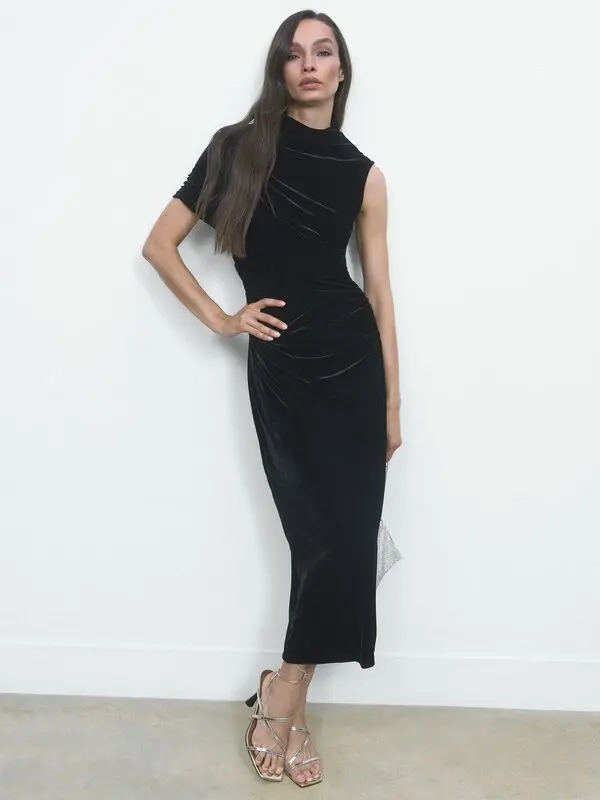 REISS Velvet Draped-neck Ruched Midi Dress