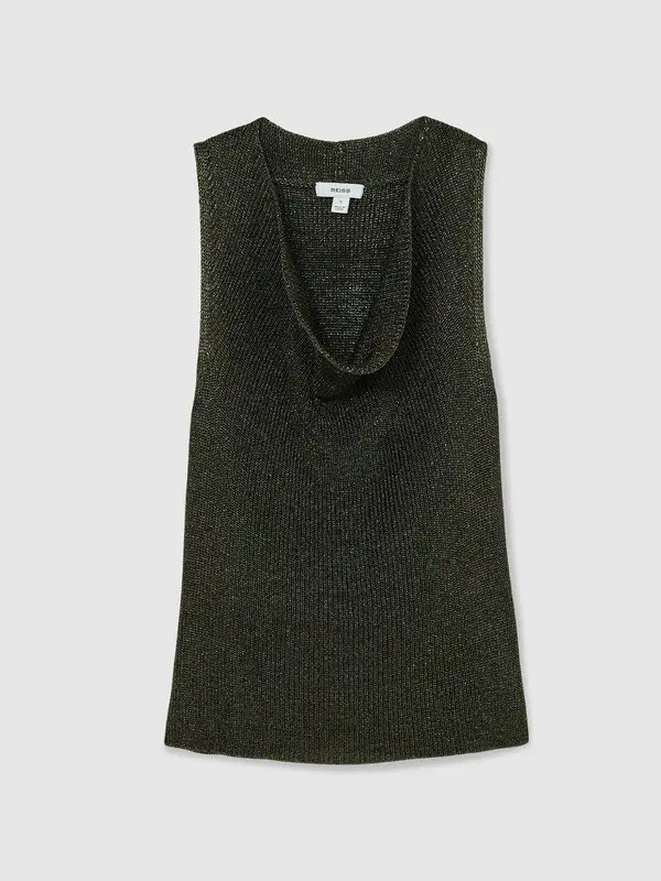 REISS Cowl-neck Metallic-knit Sleeveless Top