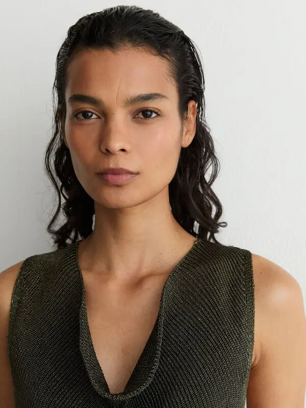 REISS Cowl-neck Metallic-knit Sleeveless Top