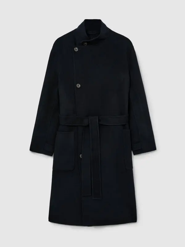 REISS Wool-blend Blindseam Belted Overcoat - Navy