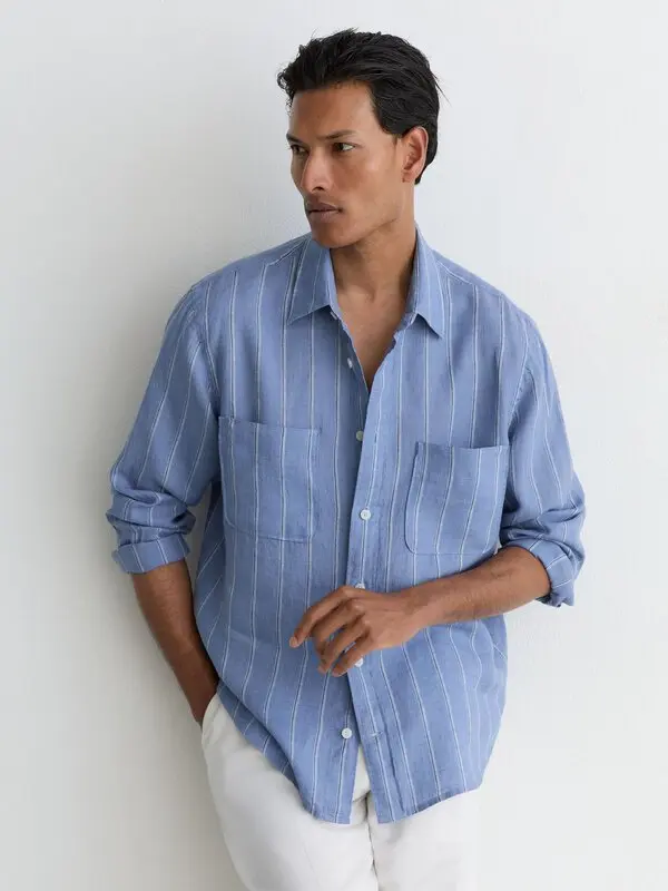 REISS Blue & White Linen Striped Regular-fit Shirt - Blue/white