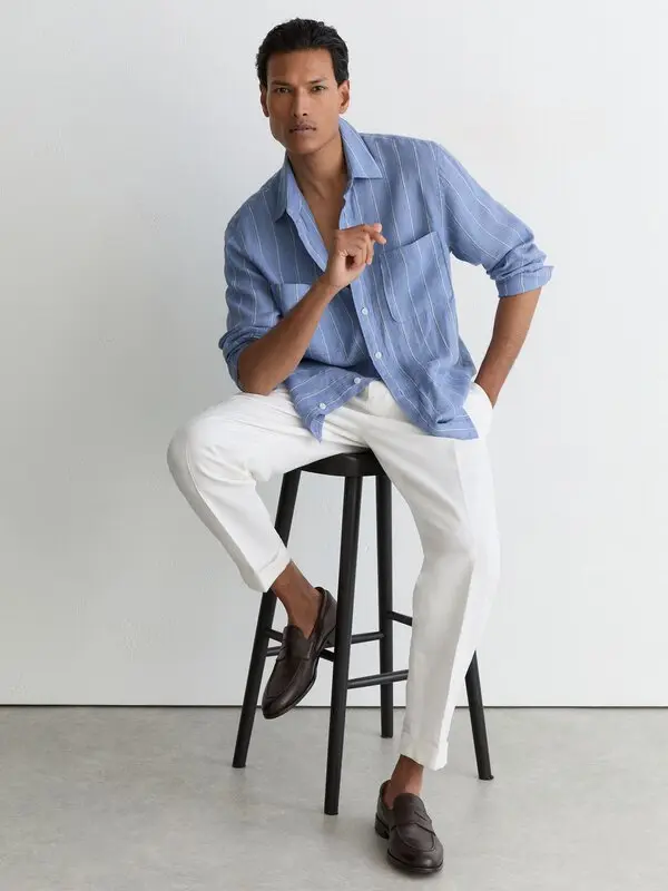 REISS Blue & White Linen Striped Regular-fit Shirt - Blue/white