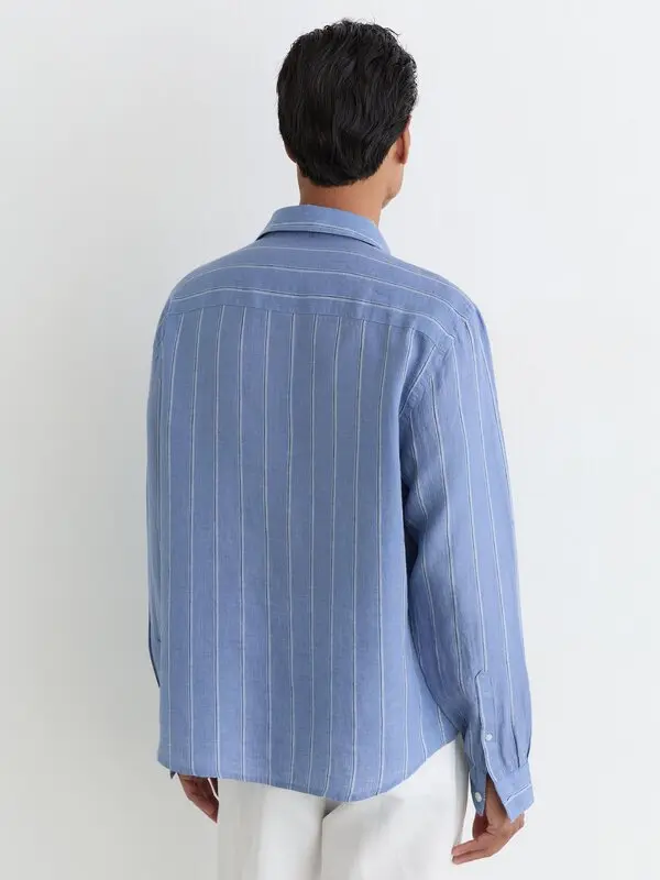 REISS Blue & White Linen Striped Regular-fit Shirt - Blue/white