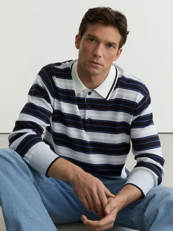 REISS Rugby-stripe Half-button Jumper - Blue Multi