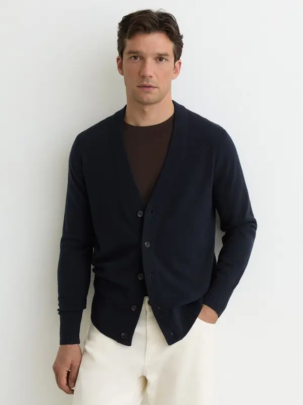 REISS Merino Wool V-neck Cardigan - Navy