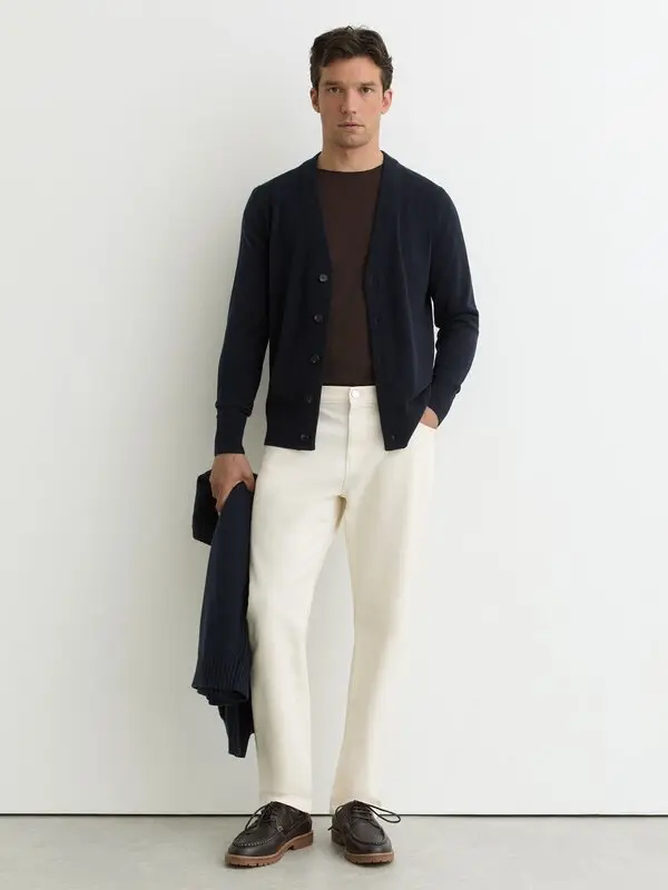 REISS Merino Wool V-neck Cardigan - Navy