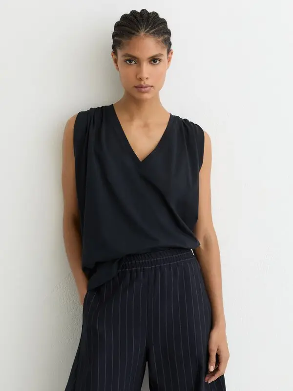 REISS Cotton Gathered-detail V-neck Vest - Navy