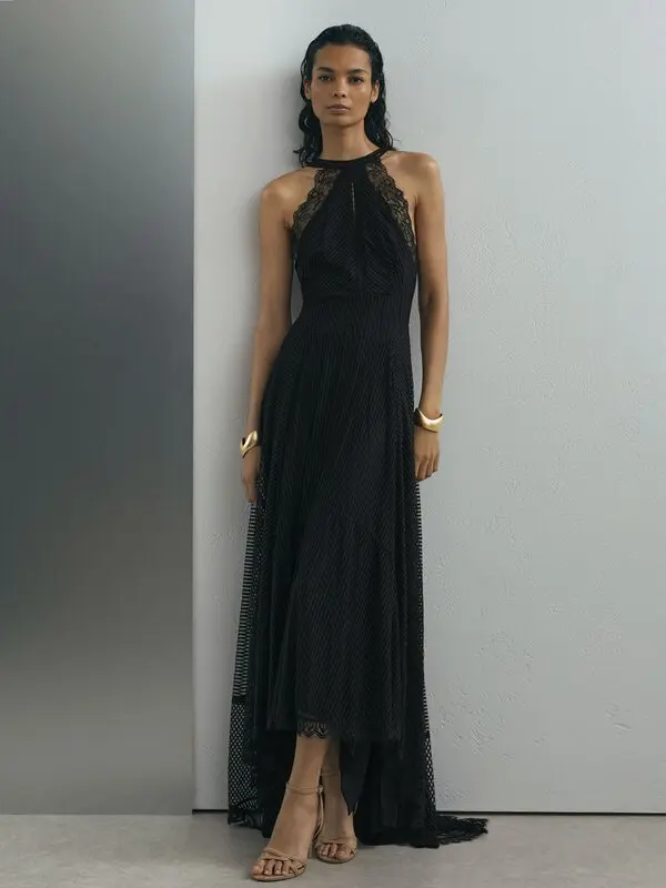 ATELIER Lace-trim Sheer Maxi Dress - Black