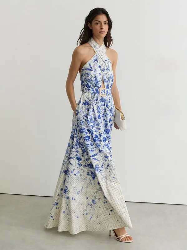 REISS Amaya Petite Cotton Floral-print Belted Maxi Dress With Stretch - Ivory/blue