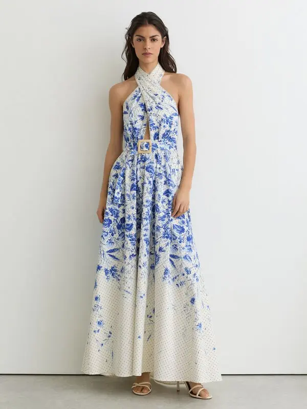 REISS Amaya Petite Cotton Floral-print Belted Maxi Dress