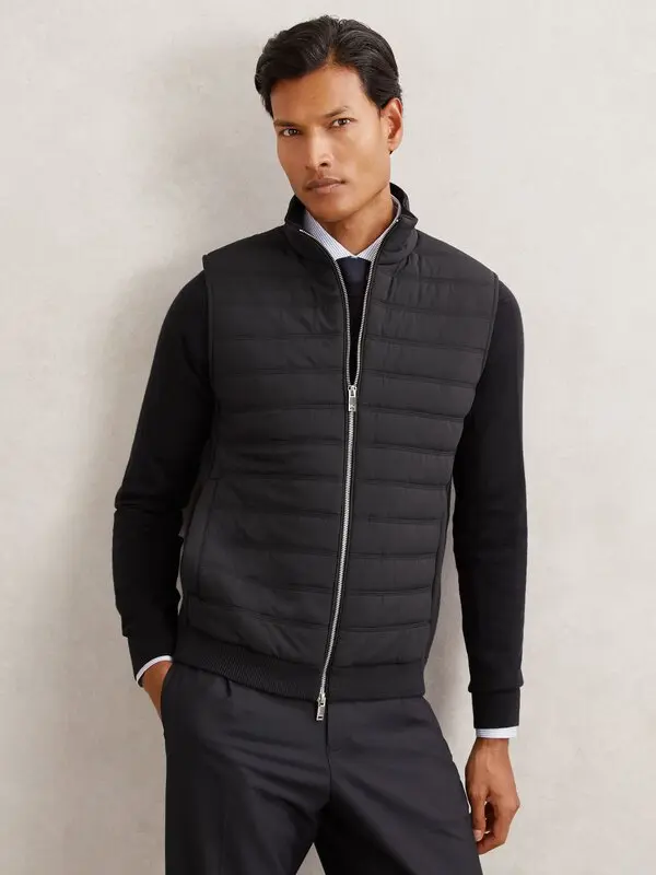 REISS Quilted Knit Gilet With Funnel Neck - Navy