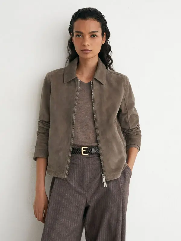 REISS Petite Suede Zip-through Moto Jacket