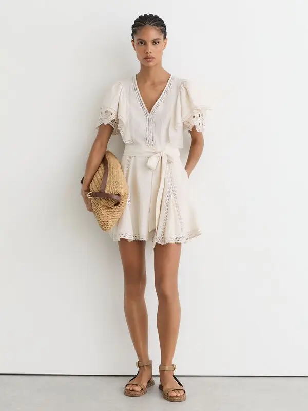 REISS Broderie Anglaise Belted Flippy Dress
