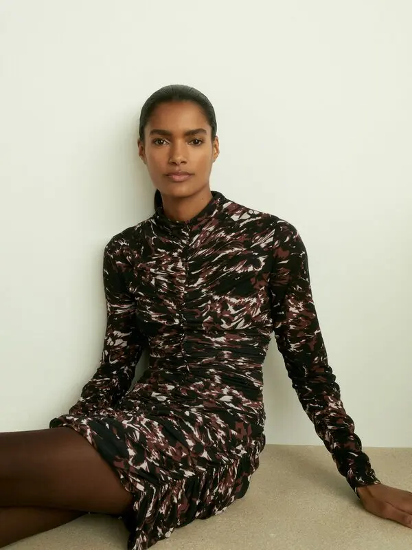 REISS Carolina Black Jersey Ruched Abstract-print Midi Dress