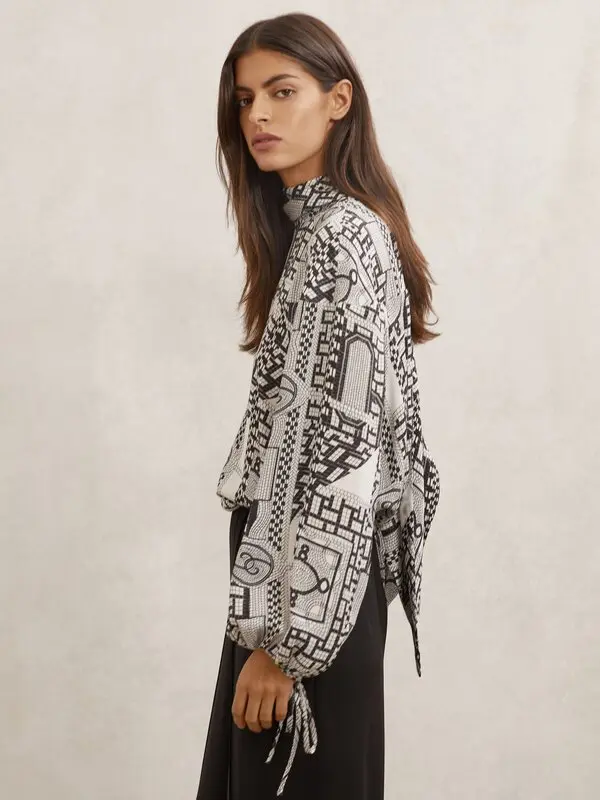 REISS Tile-print Balloon-sleeve Blouse