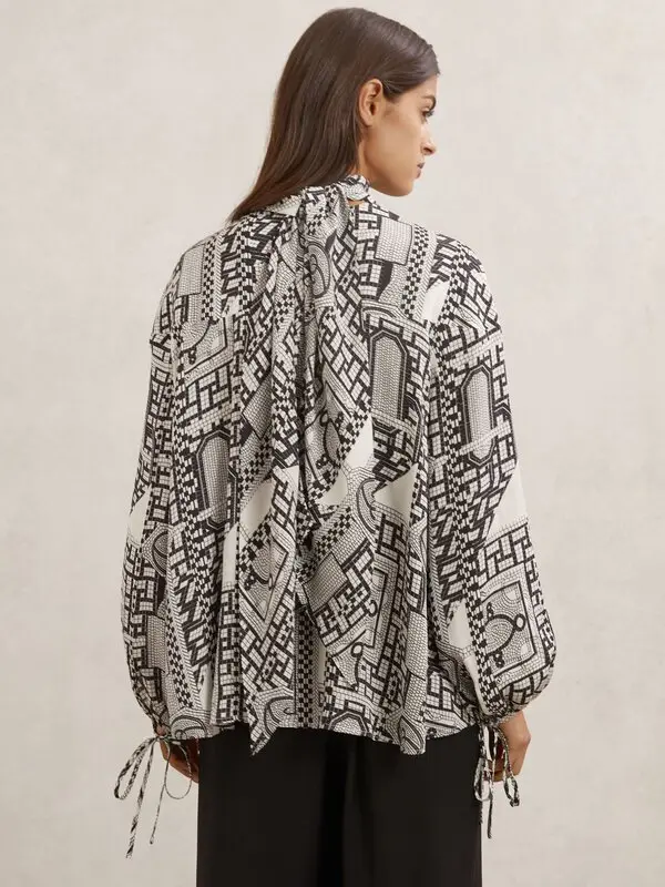REISS Tile-print Balloon-sleeve Blouse