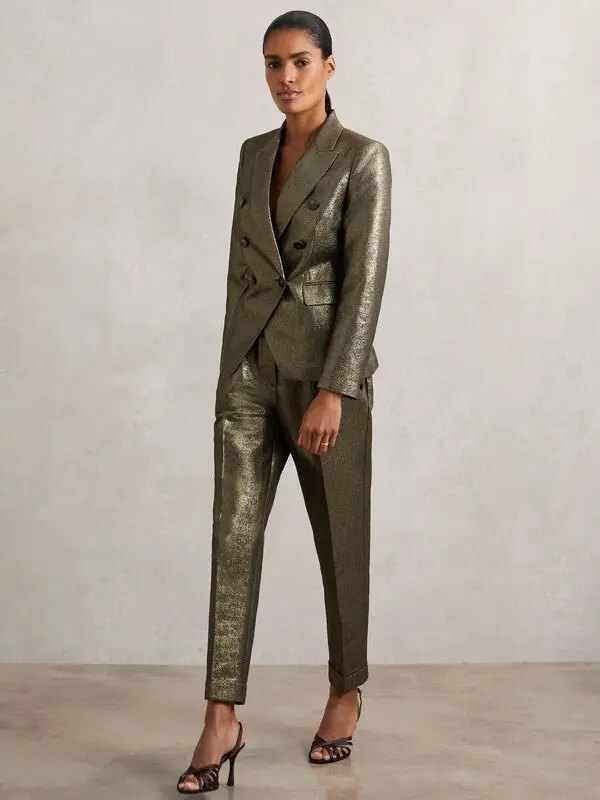 REISS Double-breasted Metallic Suit Blazer With Cotton - Gold