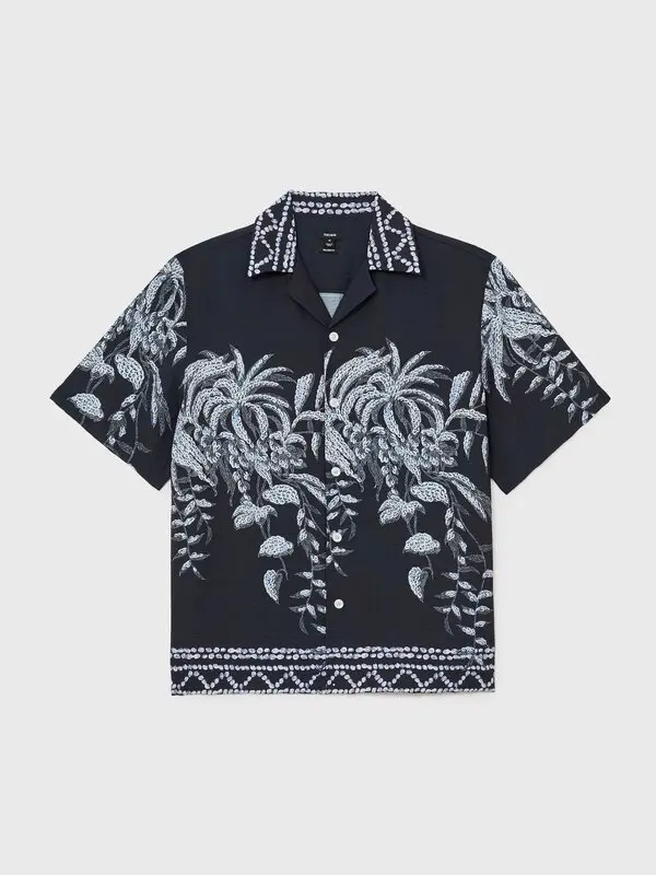 REISS Palm-print Cuban-collar Shirt - Navy