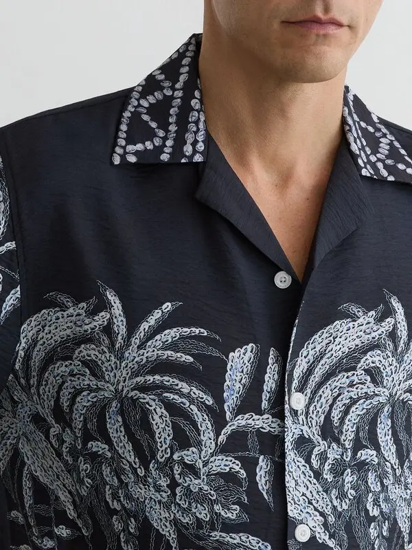 REISS Palm-print Cuban-collar Shirt - Navy
