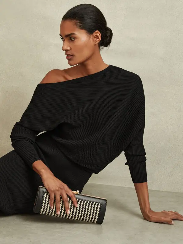 REISS Off-the-shoulder Ribbed Midi Dress
