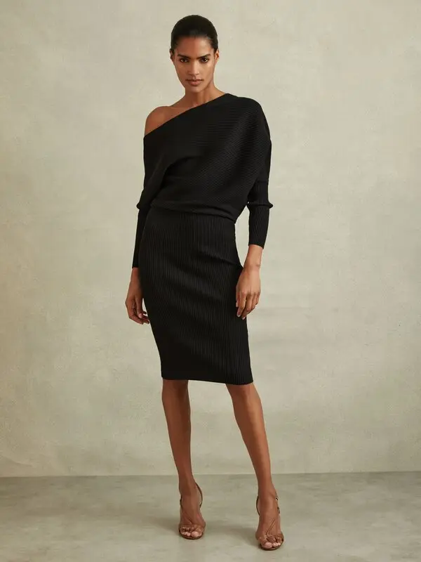 REISS Off-the-shoulder Ribbed Midi Dress