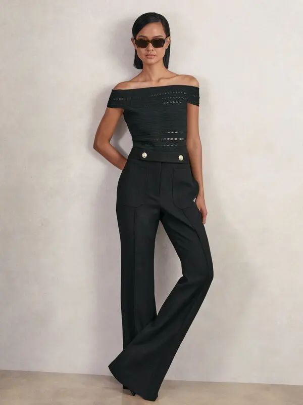 REISS Button-tab Flared Wool Trousers - Black