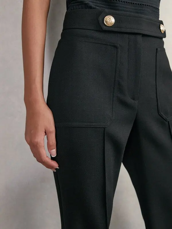 REISS Twill Button-tab Flared Trousers