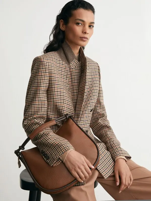REISS Petite Wool Houndstooth-check Double-breasted Blazer - Beige/brown