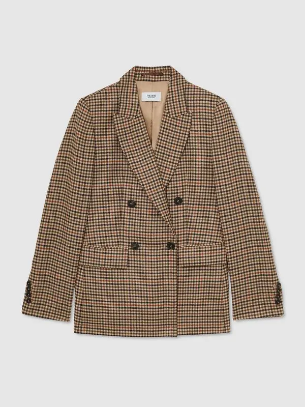 REISS Petite Wool Houndstooth-check Double-breasted Blazer - Beige/brown