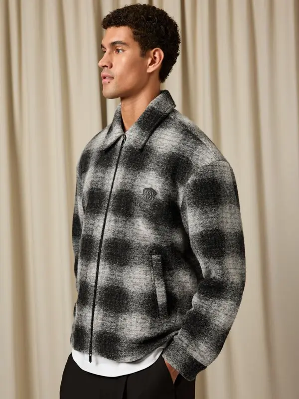 REISS Black & White Monogram Embroidered Relaxed Overshirt With Wool