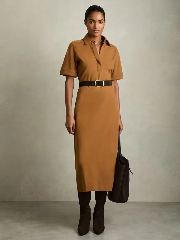REISS Jersey Open-collar Bodycon Dress - Brown