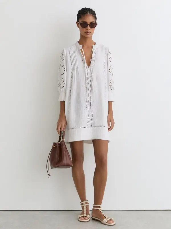 REISS Gia Gia Cotton Cheesecloth Broderie Mini Dress - Ivory