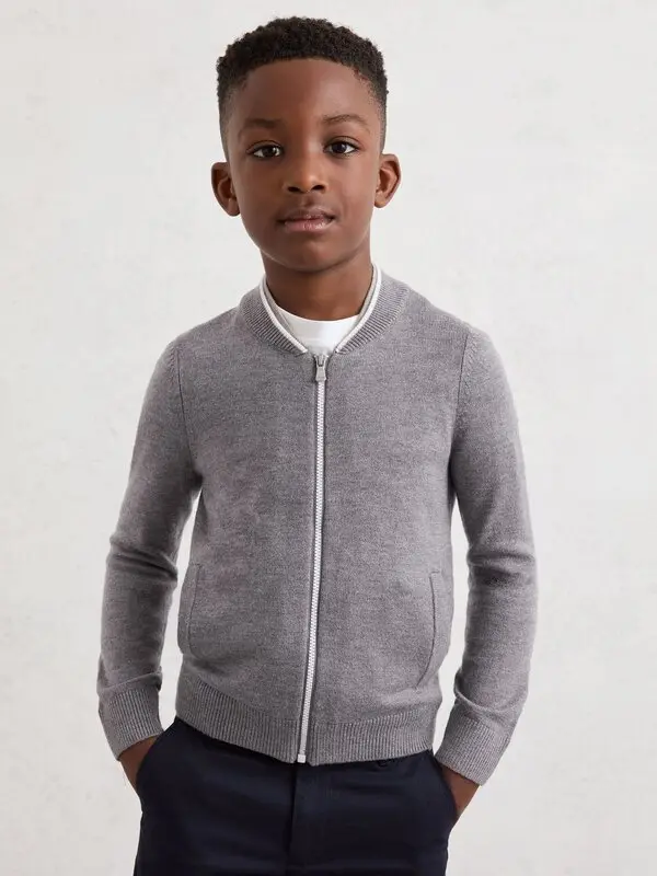 REISS Grey & White 3-9 Yrs Zip-through Bomber Cardigan With Wool