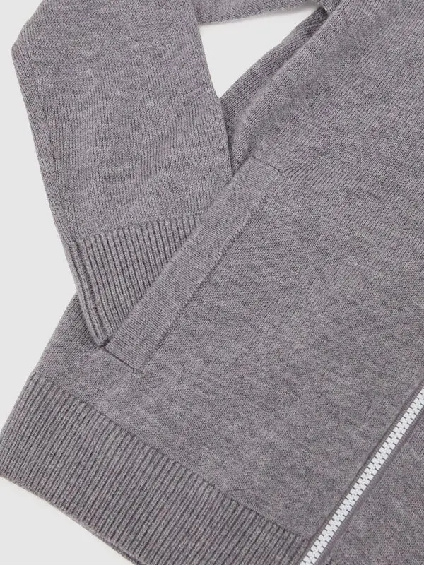 REISS Grey & White 3-9 Yrs Zip-through Bomber Cardigan With Wool